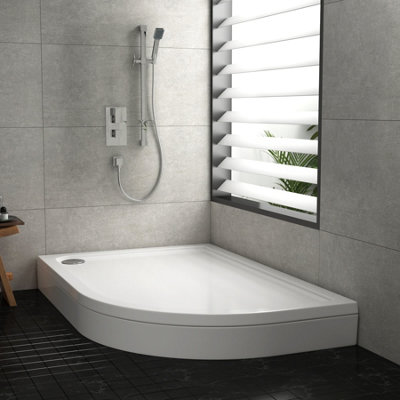 1200 x 900mm Right Handed Offset Quadrant Stone Shower Enclosure Tray with Riser Kit Gloss White ...
