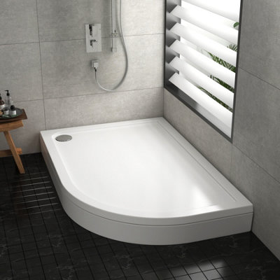 1200 x 900mm Right Handed Offset Quadrant Stone Shower Enclosure Tray with Riser Kit Gloss White ...