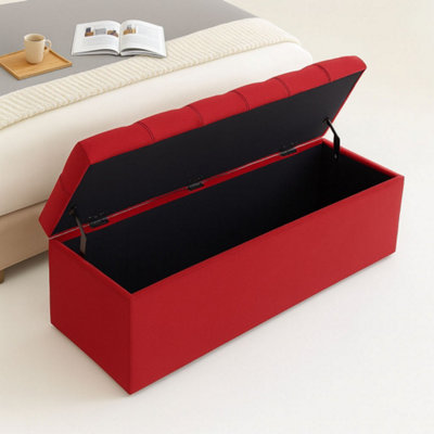 120cm Chesterfield Ottoman Storage Box, Red Plush Velvet Upholstered ...