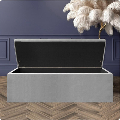 120cm Large Plain Safar Storage Ottoman Box, Silver Plush Velvet ...