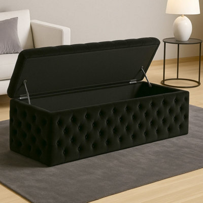 120CM WIDE LUX OTTOMAN STORAGE BOX, BLACK VELVET UPHOLSTERED ...