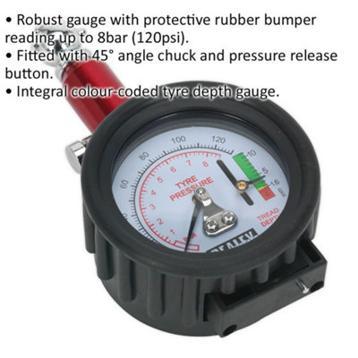 120psi Premium Tyre Pressure Gauge & Tread Depth Reader - 45 Degree ...