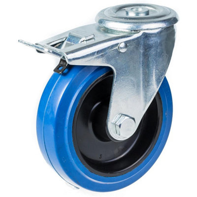 125mm swivel/brake castor with blue elastic rubber on nylon centre wheel