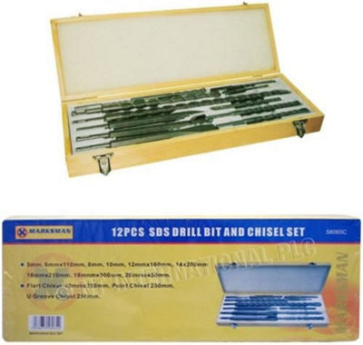 12Pc Sds Drill Bit Masonry Wall Chisel Set In Wooden Box New U Groove ...
