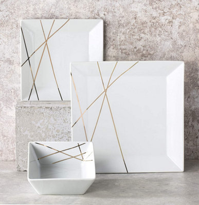 12pc Soho Square Porcelain White & Gold Dinnerware Set - 4X Dinner ...