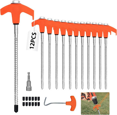 12pcs 20cm Screw-In Tent Stakes with Hex Drill, Steel Threaded Pegs for ...