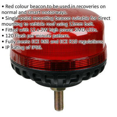 12V / 24V Fixed LED Rotating RED Beacon Light - 12mm Threaded Fixing Bolt