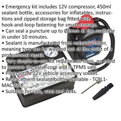 12V Emergency Tyre Repair Kit with Compressor and Sealant for Quick ...