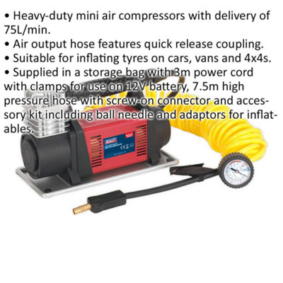 12V Heavy Duty Portable Tyre Inflator and Mini Air Compressor - 150PSI ...