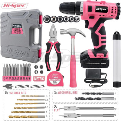 12V Pink Cordless Power Drill with Drill Bits and Screwdriver Hand Tool ...