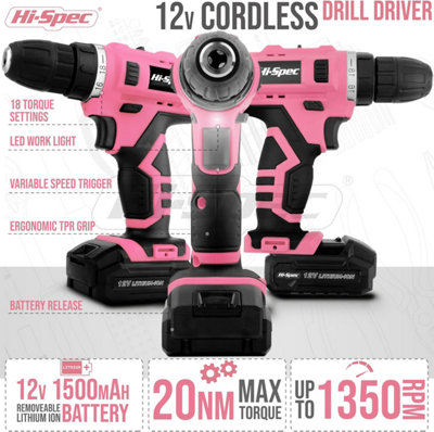 12V Pink Cordless Power Drill with Drill Bits and Screwdriver Hand Tool Set 30Pc