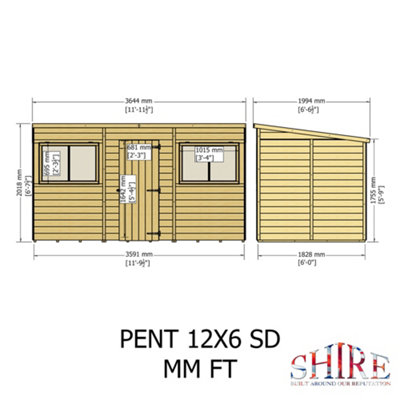 12x6 Shiplap Pent Single Door with opening windows
