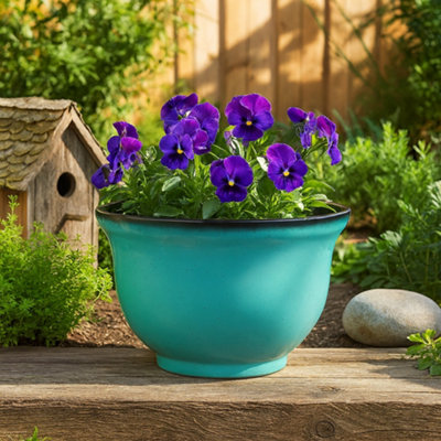 13 Inch Modern Speckled Bowl Plastic Planter - Turquoise Round Garden ...