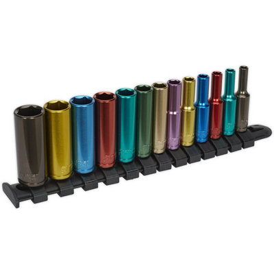 13 PACK Multi Colour DEEP Socket Set 1/4" Metric Square Drive - 6 Pt ...