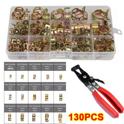 130 Piece Zinc Plated Spring Hose Clamp & Pliers Kit 6-22mm