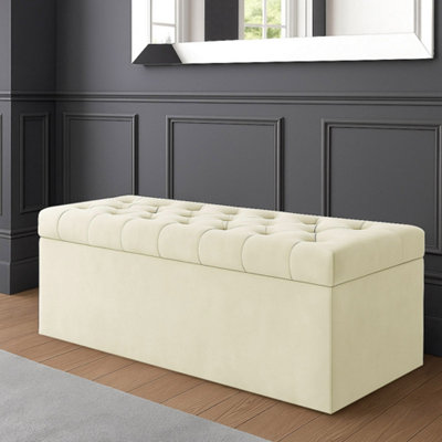 137cm SD Ottoman Storage Box, Cream Velvet Upholstered Chesterfield ...