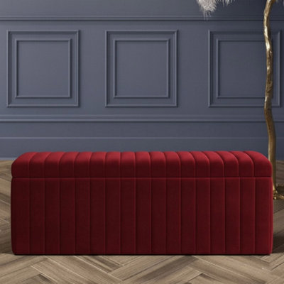 137cm Wide Lux Ottoman Storage Box, Red Velvet Upholstered Full Striped ...
