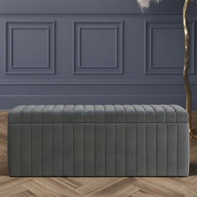 137cm Wide Lux Ottoman Storage Box, Steel Grey Velvet Upholstered Full ...