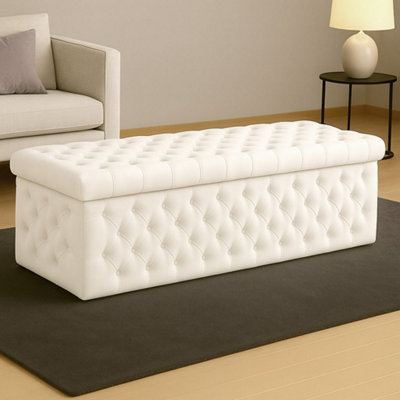 137cm Wide Lux Ottoman Storage Box, White Velvet Upholstered ...