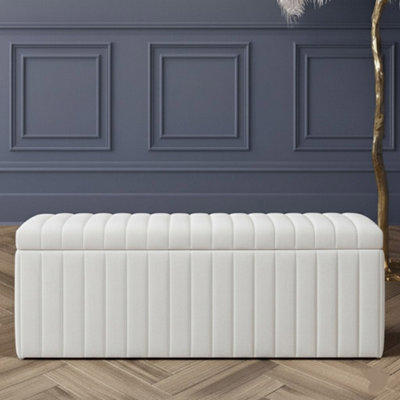 137cm Wide Lux Ottoman Storage Box, White Velvet Upholstered Full ...