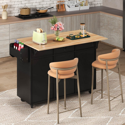 139 cm Kitchen Island on Wheels - Foldable Wood Grain Top, 3 Drawers ...