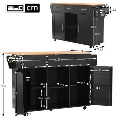 139 cm Kitchen Island on Wheels - Foldable Wood Grain Top, 3 Drawers ...