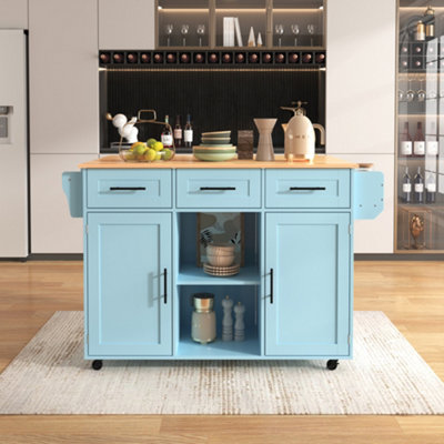 139cm Kitchen Island on Wheels - Foldable Wood Grain Top, 3 Drawers ...
