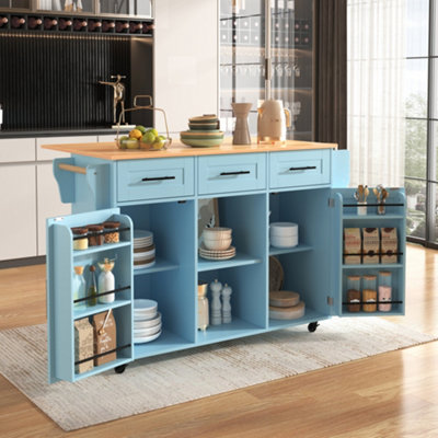 139cm Kitchen Island on Wheels - Foldable Wood Grain Top, 3 Drawers ...