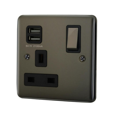 13A 1 Gang Electric and USB Switched Socket With USB - Black Nickel