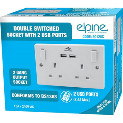 13Amp Socket Double Switch 2 Usb Ports 2 Gang Power Electric Wall White ...