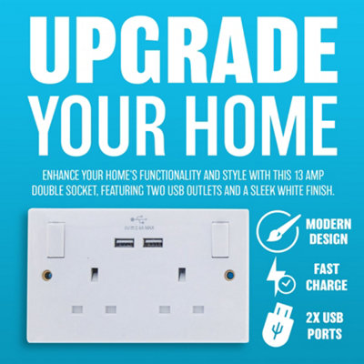 13Amp Socket Double Switch 2 Usb Ports 2 Gang Power Electric Wall White ...