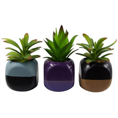 13cm Set of Three Mini Ceramic Cube Planters with Artificial Succulent ...