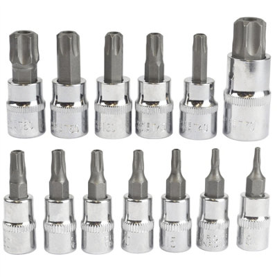 13pc Tamper Proof Torx Star Bit Socket Set 1/4 3/8 and 1/2" Drive T8 - T70 AT724 | DIY at B&Q