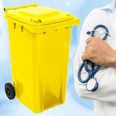 140L Yellow Clinical General Waste Trash Wheelie Bin With Lid, Handle ...