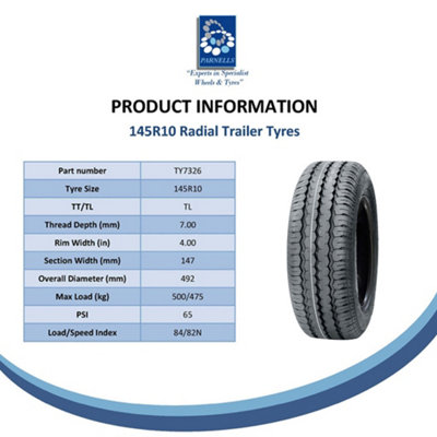145R10 Trailer Tyres & Wheels 4x100mm PCD 84/82N Load Capacity 500kg ...