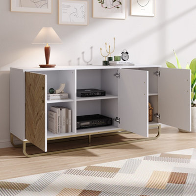 148 x 40 x 76cm Modern Wooden Side Cabinet with Metal Base 3 Doors and ...