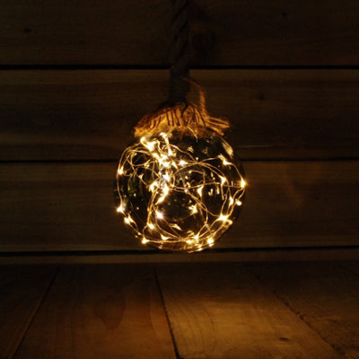 14cm Diameter Glass Globe / Ball Light Decoration With Rope & 30 Warm ...