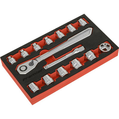 15 PACK Low Profile Socket Set - 1/2" Metric Sq Drive 6 Point & Ratchet ...