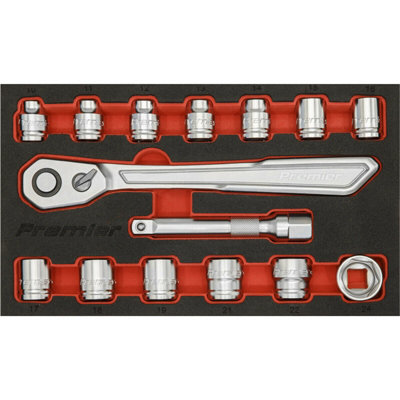15 PACK Low Profile Socket Set - 1/2" Metric Sq Drive 6 Point & Ratchet ...
