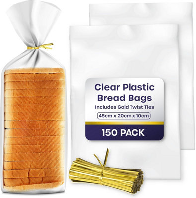 150 Clear Plastic Bread Bags with Ties - 45x20x10cm Reusable Bread ...
