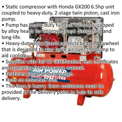 150 Litre Belt Drive Air Compressor - 6.5hp Petrol Engine - Gauge & Air ...
