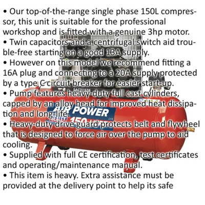 150 Litre Belt Drive Air Compressor - Cast Cylinders - 3hp Motor ...