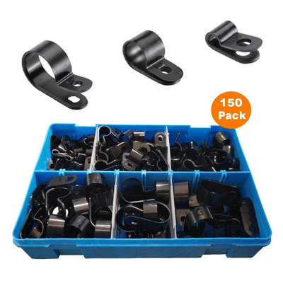 150 x Assorted Black Nylon P Clips Imperial Fasteners for Conduit & Cable