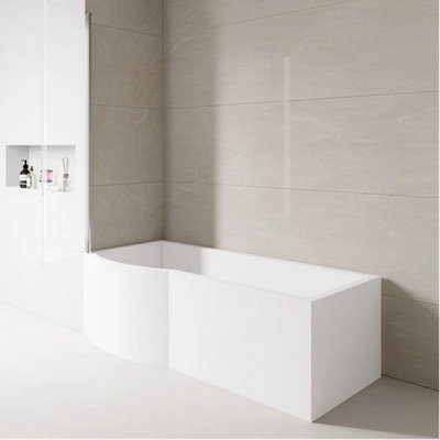 1500mm Left Hand P Shaped Bath with Front Panel High Gloss White Acrylic