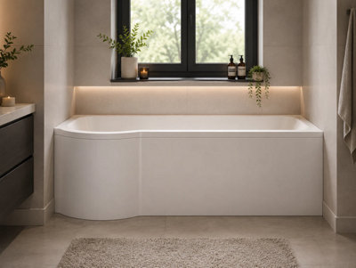 1500mm Left Hand P Shaped Bath with Front Panel High Gloss White Acrylic