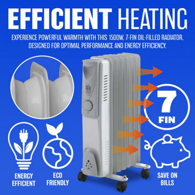1500w 7 Fin Portable Oil Filled Radiator Heater Electrical Caravan ...