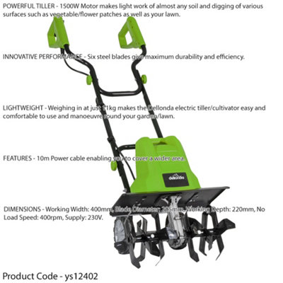 1500W Electric Rotavator / Tiller / Cultivator - 40cm 6 Blade Weeder ...