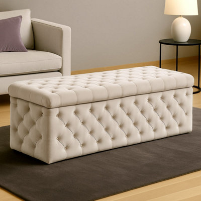 150cm Wide Lux Ottoman Storage Box, Cream Velvet Upholstered ...