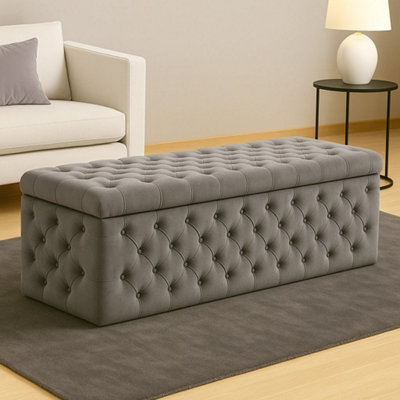 150cm Wide Lux Ottoman Storage Box, Grey Velvet Upholstered ...