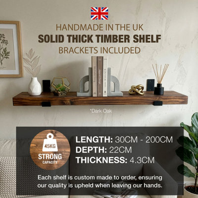 150cm Wooden Wall Shelf Dark Oak Top Notch Home & Living Handcrafted ...